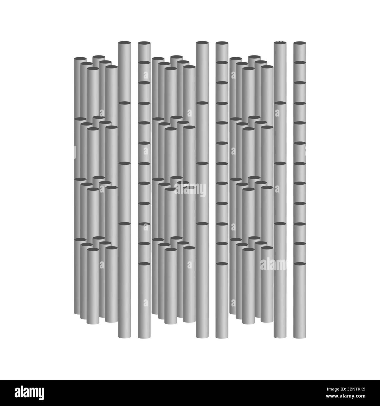 Vertical pipe arrangement. Abstract tubular forms. Metallic silver ...