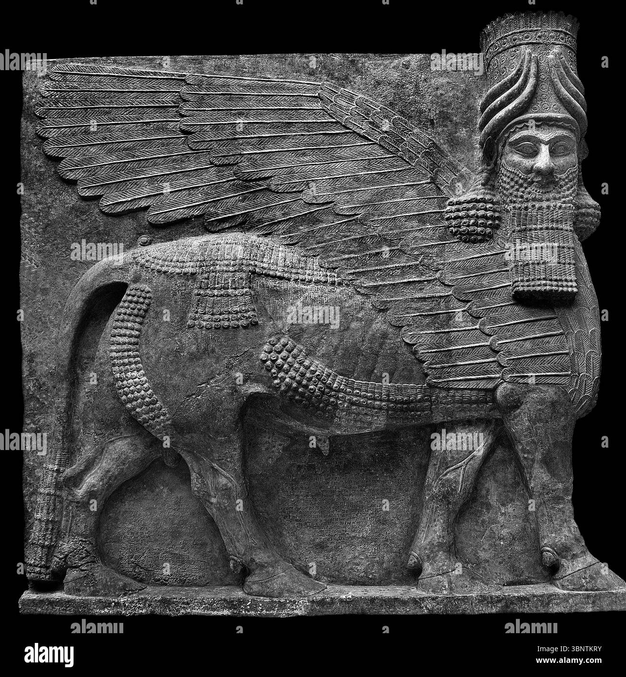 Winged human headed bull Neo Assyrian palace of Sargon II 721-705 BC Gate Khorsabad ancient Dur ...