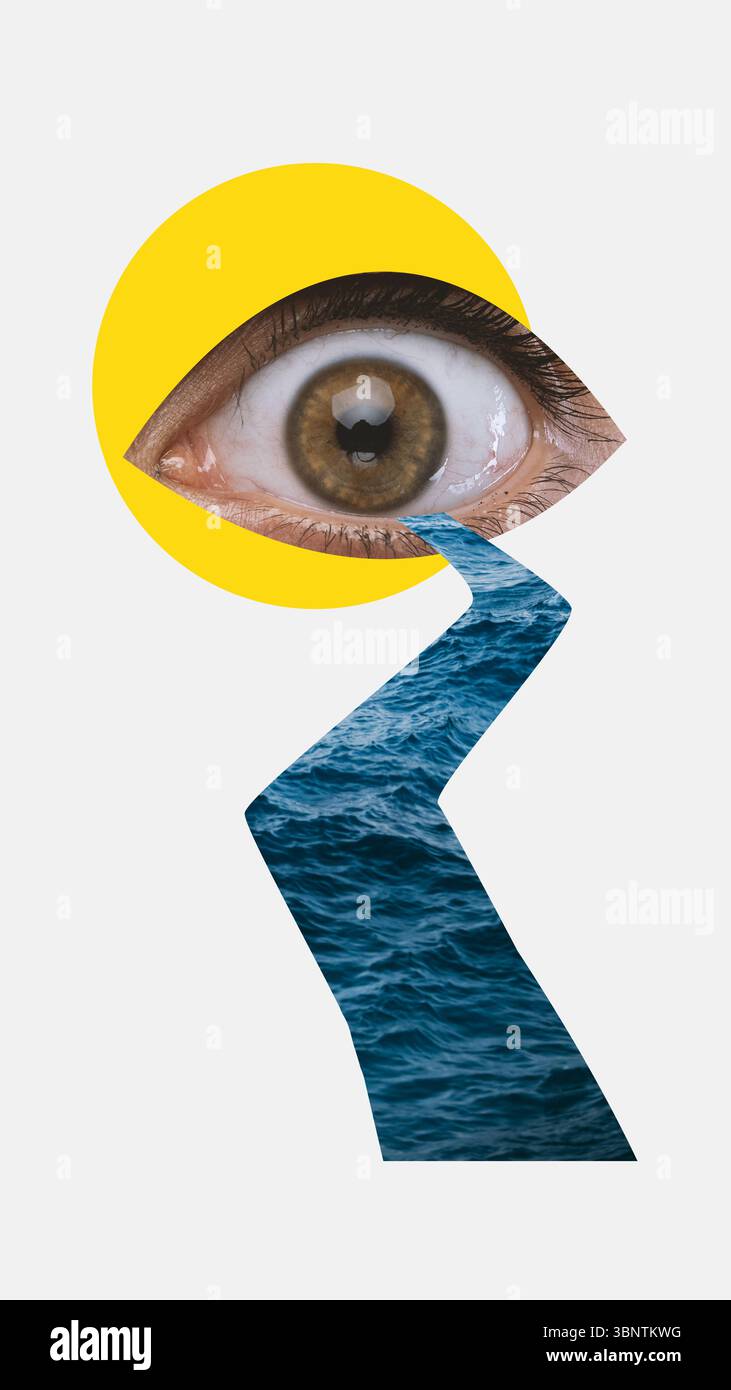 Eye watching downstream flow of ocean path in conceptual visual collage ...