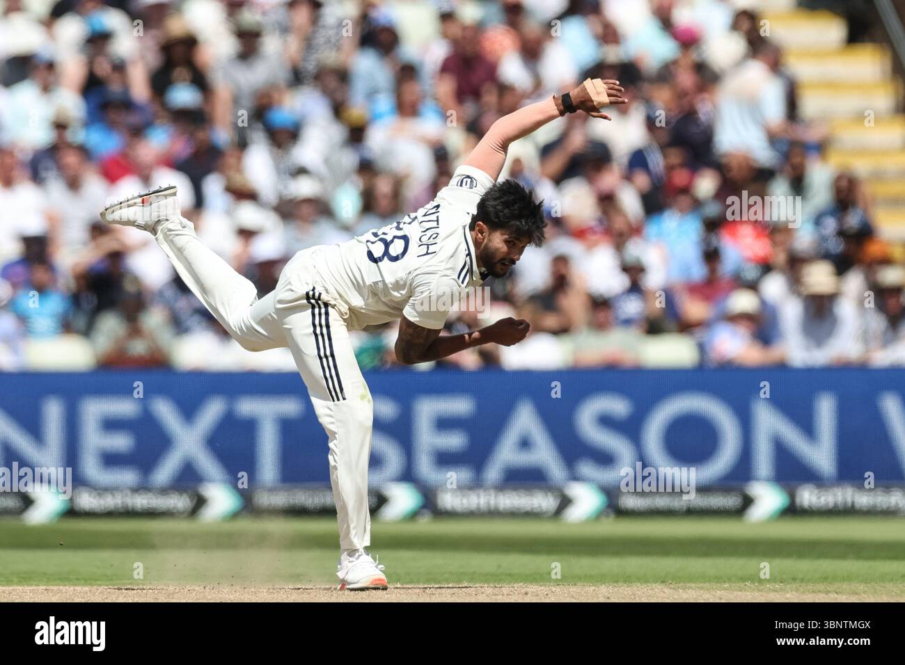 Nitish Kumar Reddy of India delivers the ball during the 2nd Rothesay ...