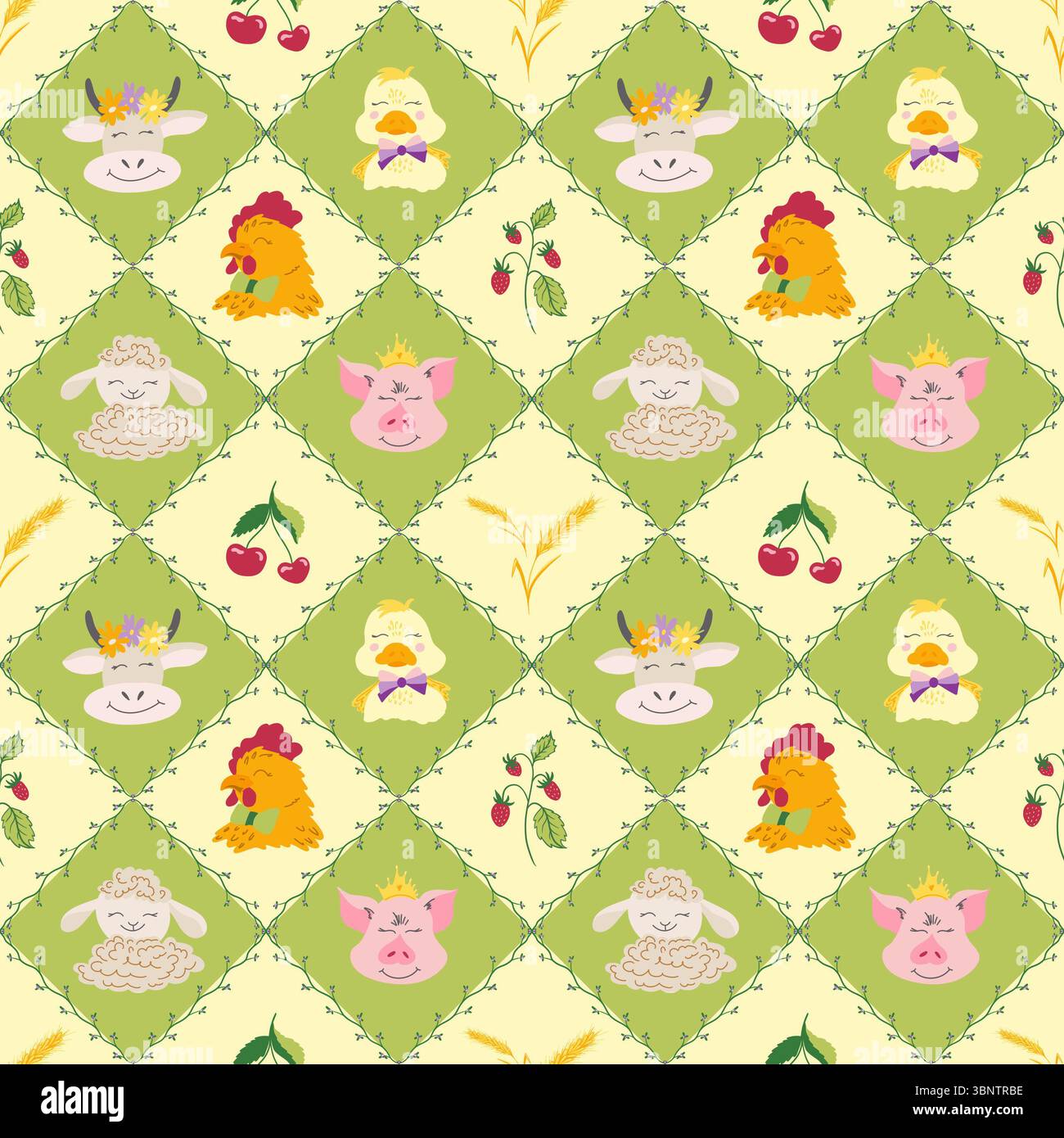 Cute seamless farm animal pattern with fruits and flowers Stock Photo ...