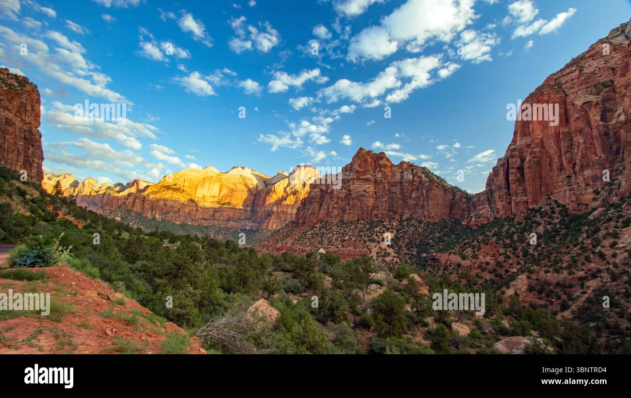 Zion Canyon Scenic Drive, Utah—sunrise lights up red cliffs and lush ...