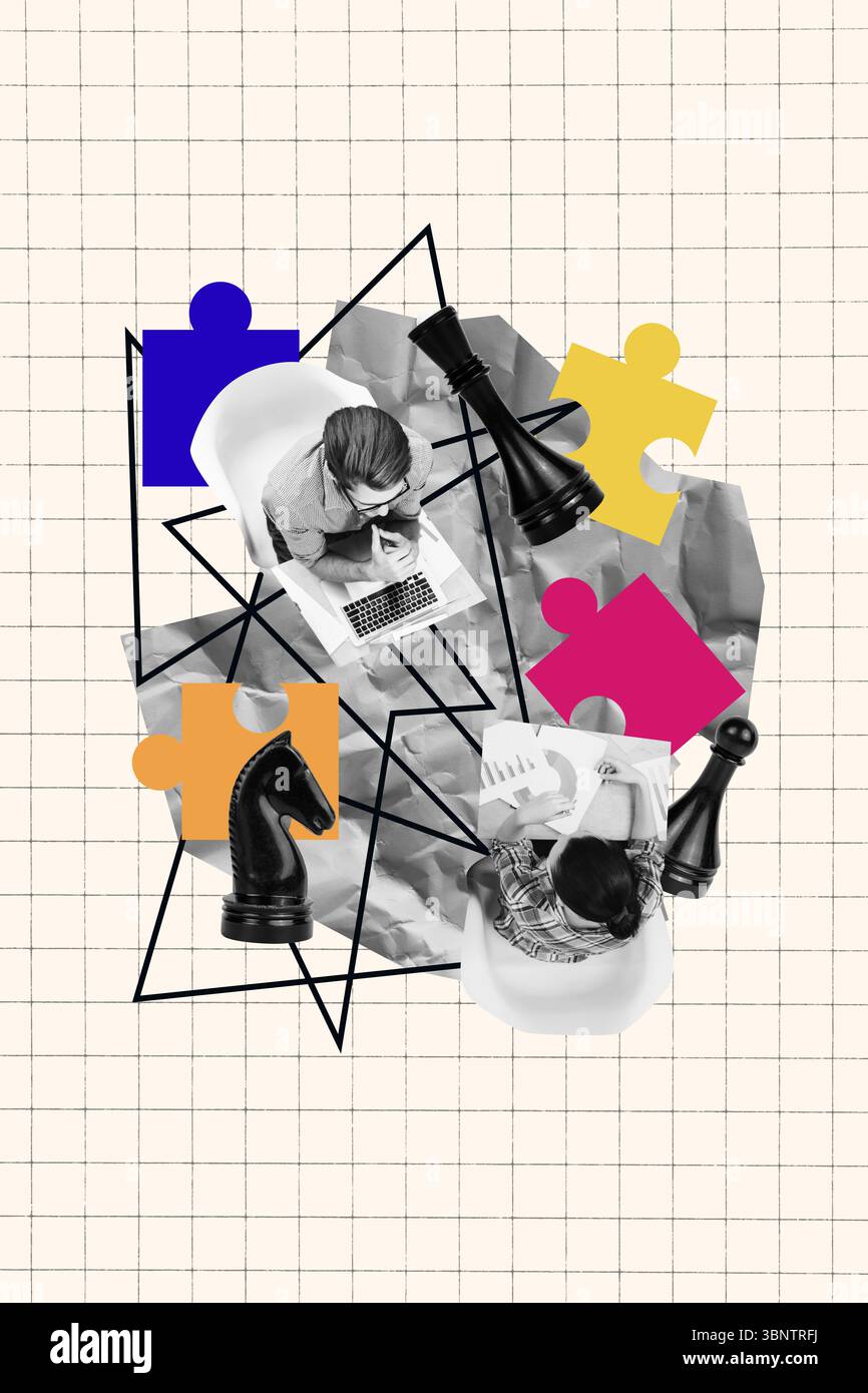 Zine banner vertical photo collage of happy business partners sit ...