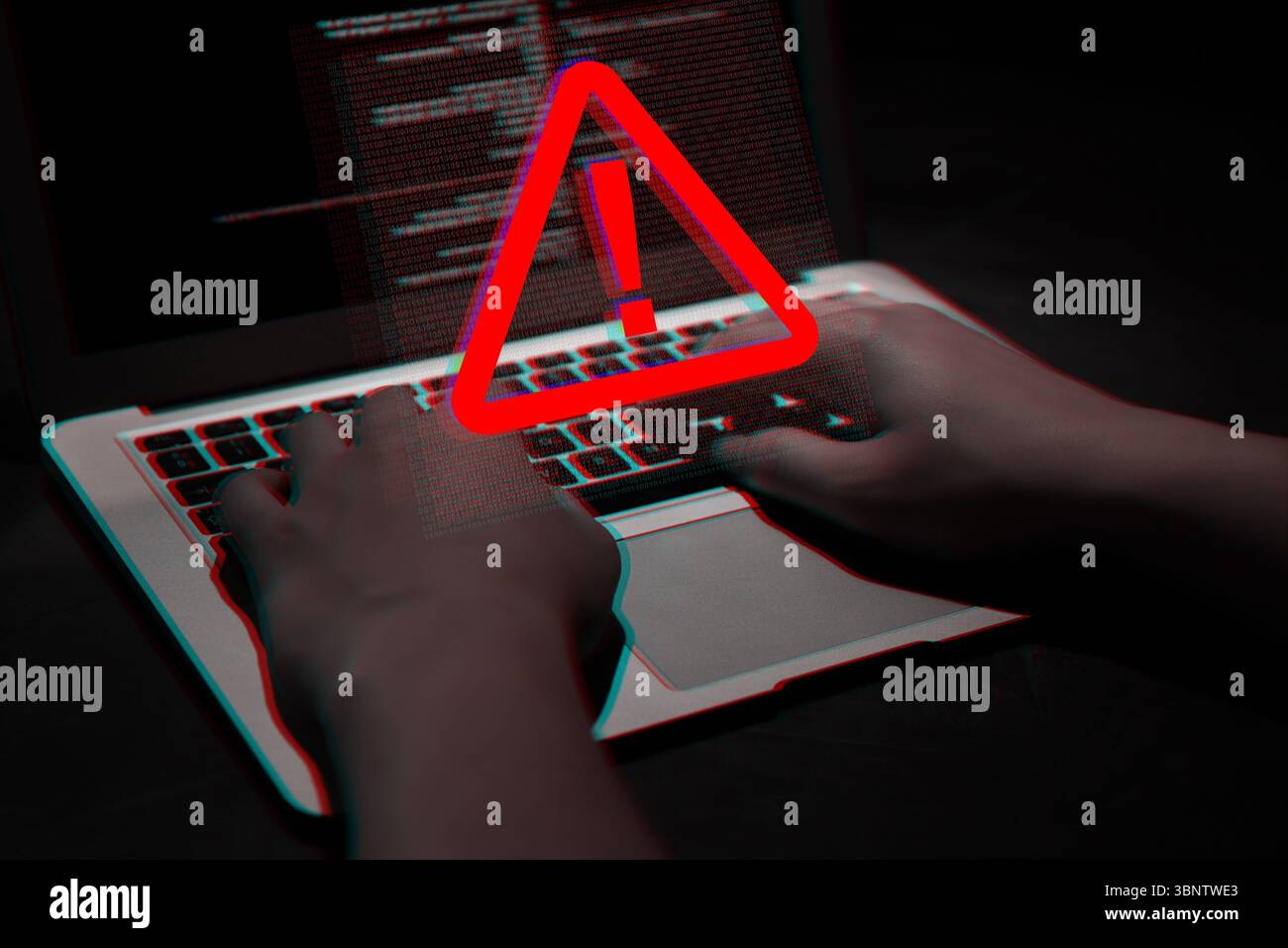 Cyber attack alert notification. Red warning sign and programming code ...