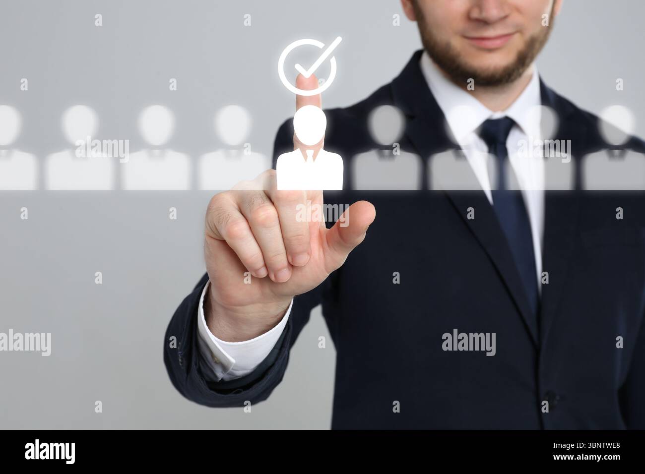Human resources manager putting check mark over candidate icon on virtual screen against grey ...