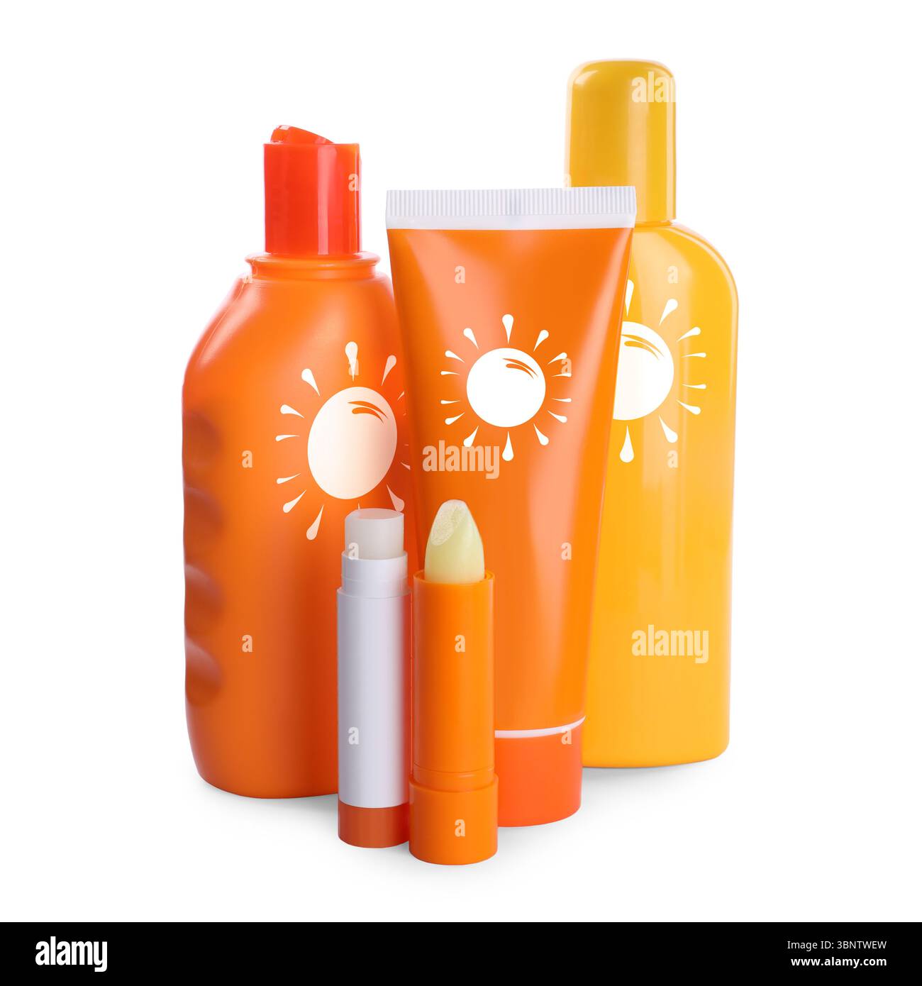 Sunscreen products isolated on white. Bottles and tube with drawings of ...