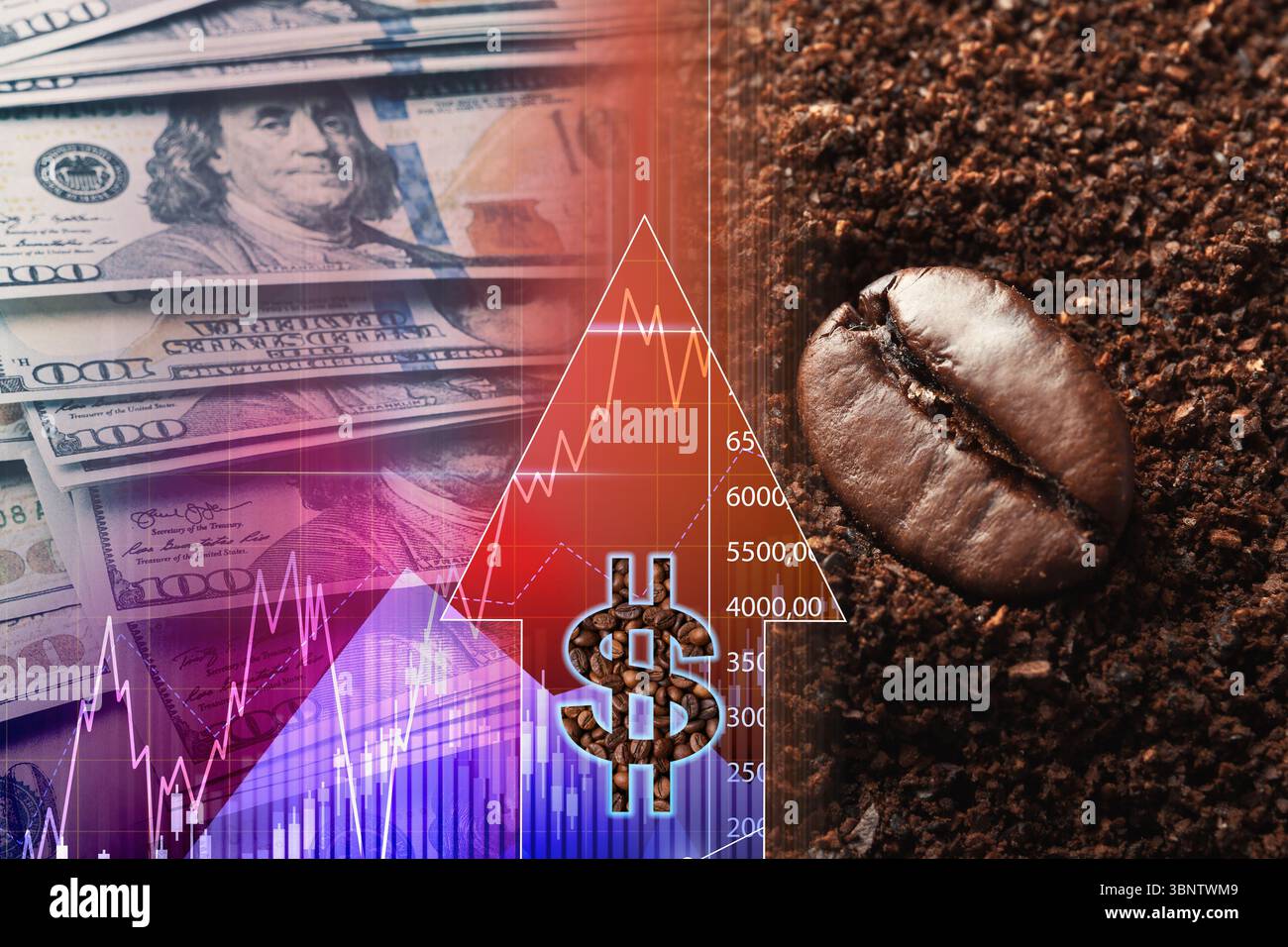 Coffee price rising. Dollars, coffee grounds and graph with currency ...