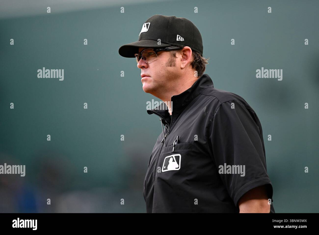 Umpire Ryan Additon looks on in the second baseball game of a ...