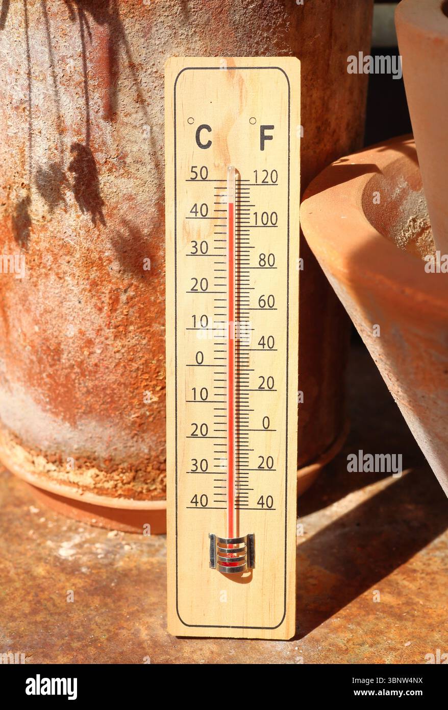 Climate change and global warming concept, outdoor thermometer ...