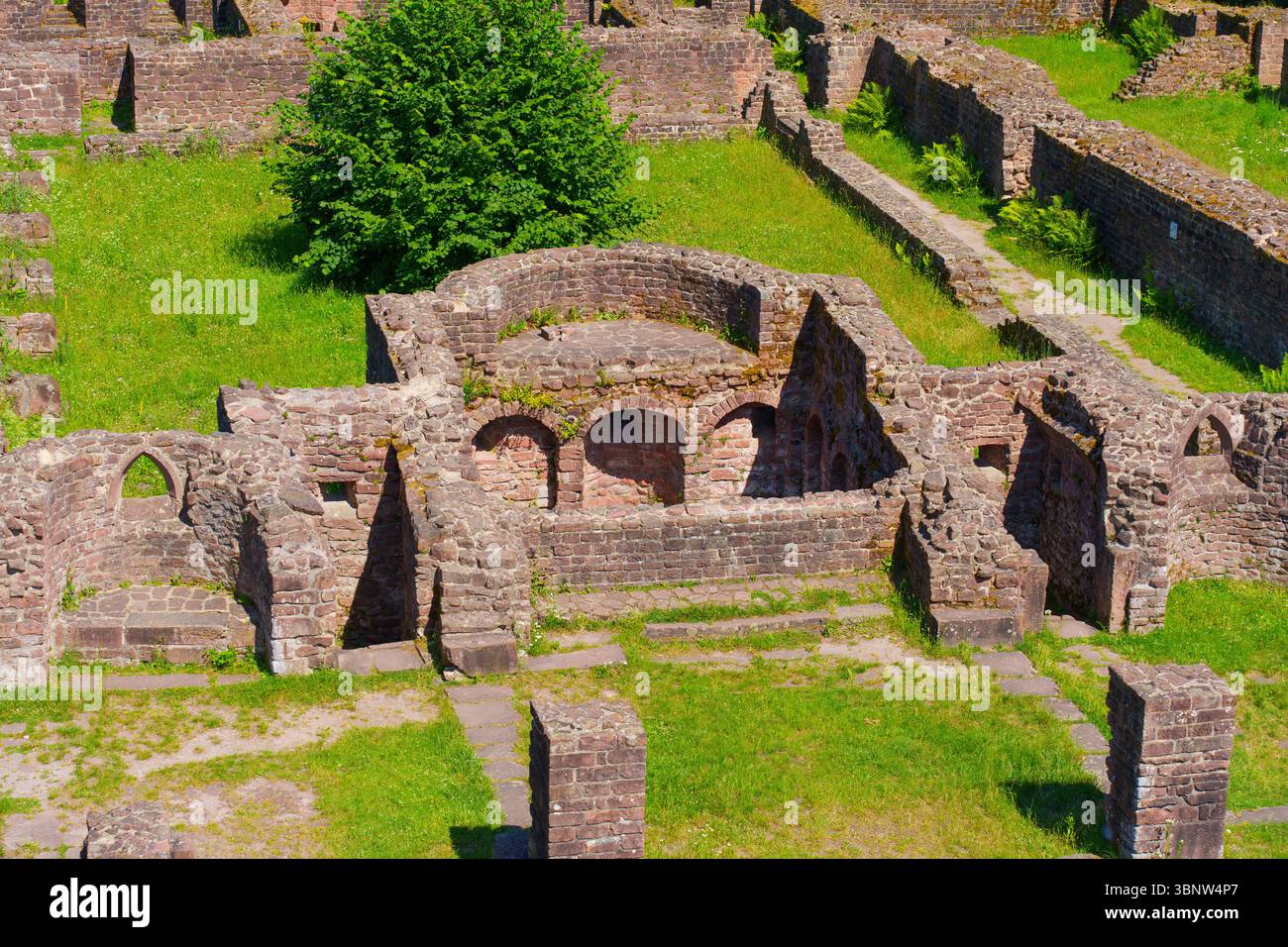 Ruins of the Monastery of St. Michael, surrounded by green grass and ...