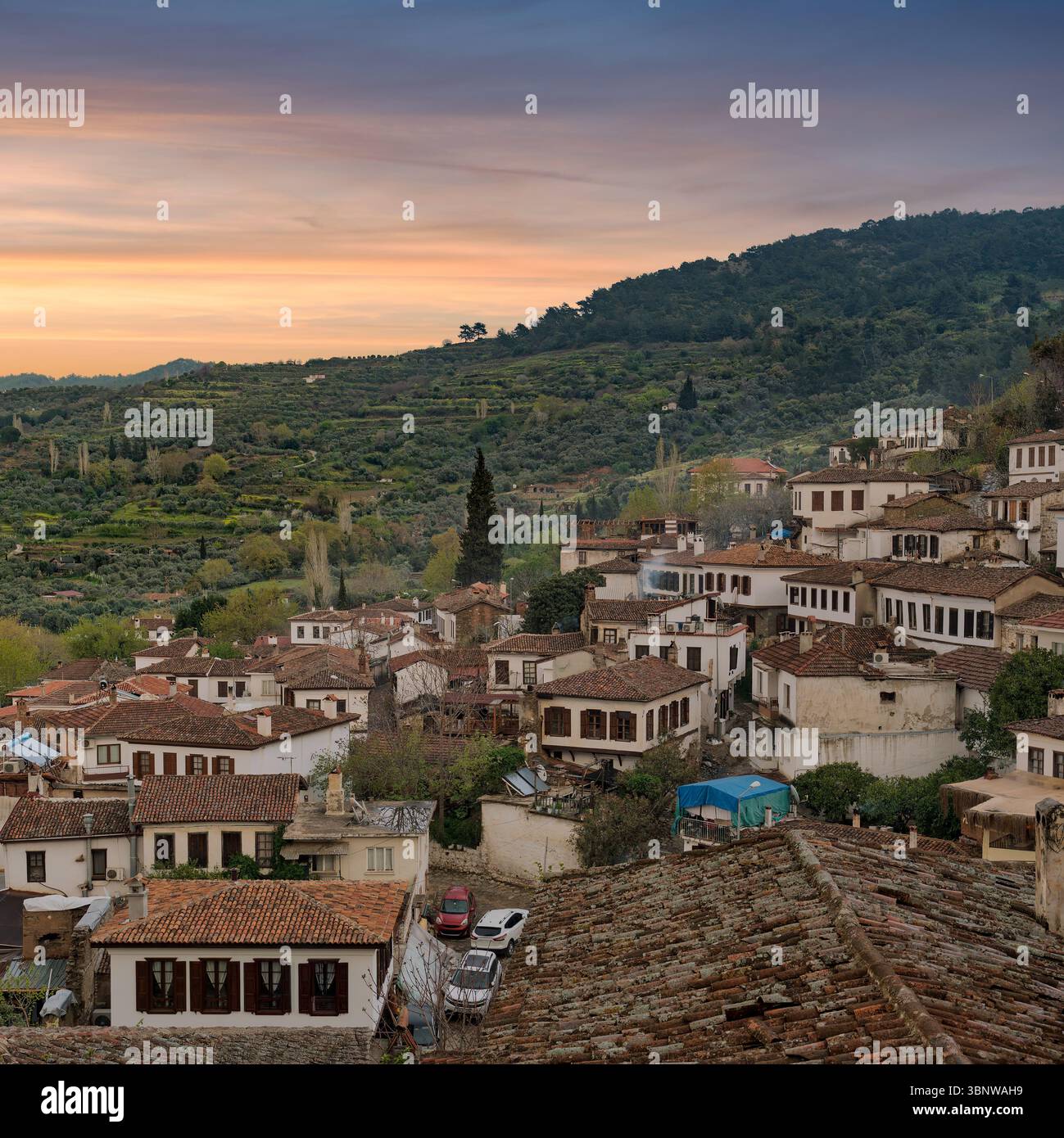 Scenic sunset over the historic village of Sirince, Turkey. Traditional ...