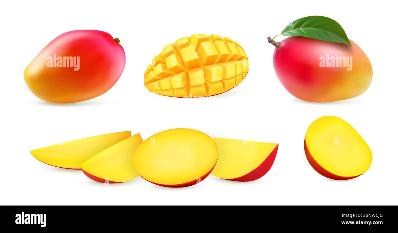 3d mango. Realistic fruit slice or half and leaves, orange tree piece ...