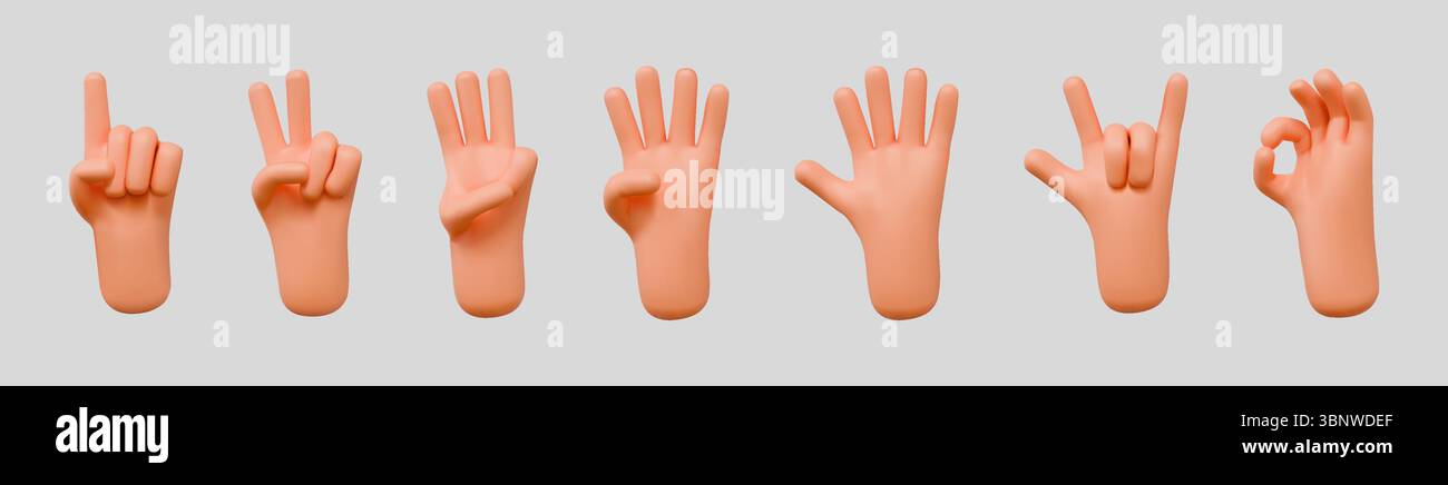 3D hands. Finger up. Number or character arm count. 1, 2, 3, 4, 5 index pointer. One, two, three ...