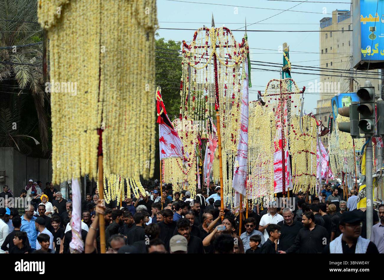 Shiite Muslims mourners to Imam Hussain (A.S) are participating religious procession to show ...