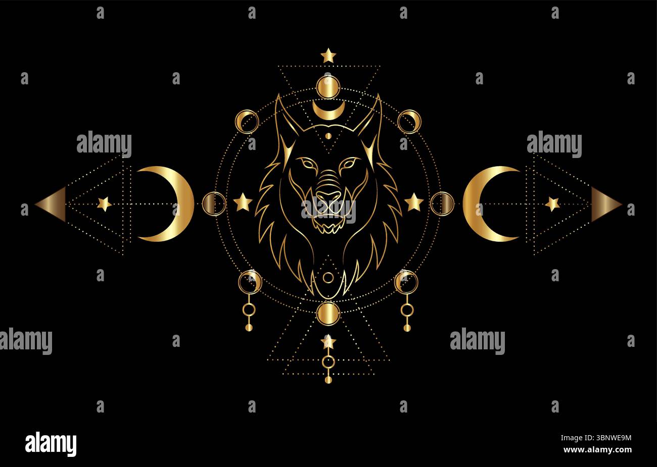 Mythological wolf or mystical Fenrir on Sacred Geometry and Moon Phases ...