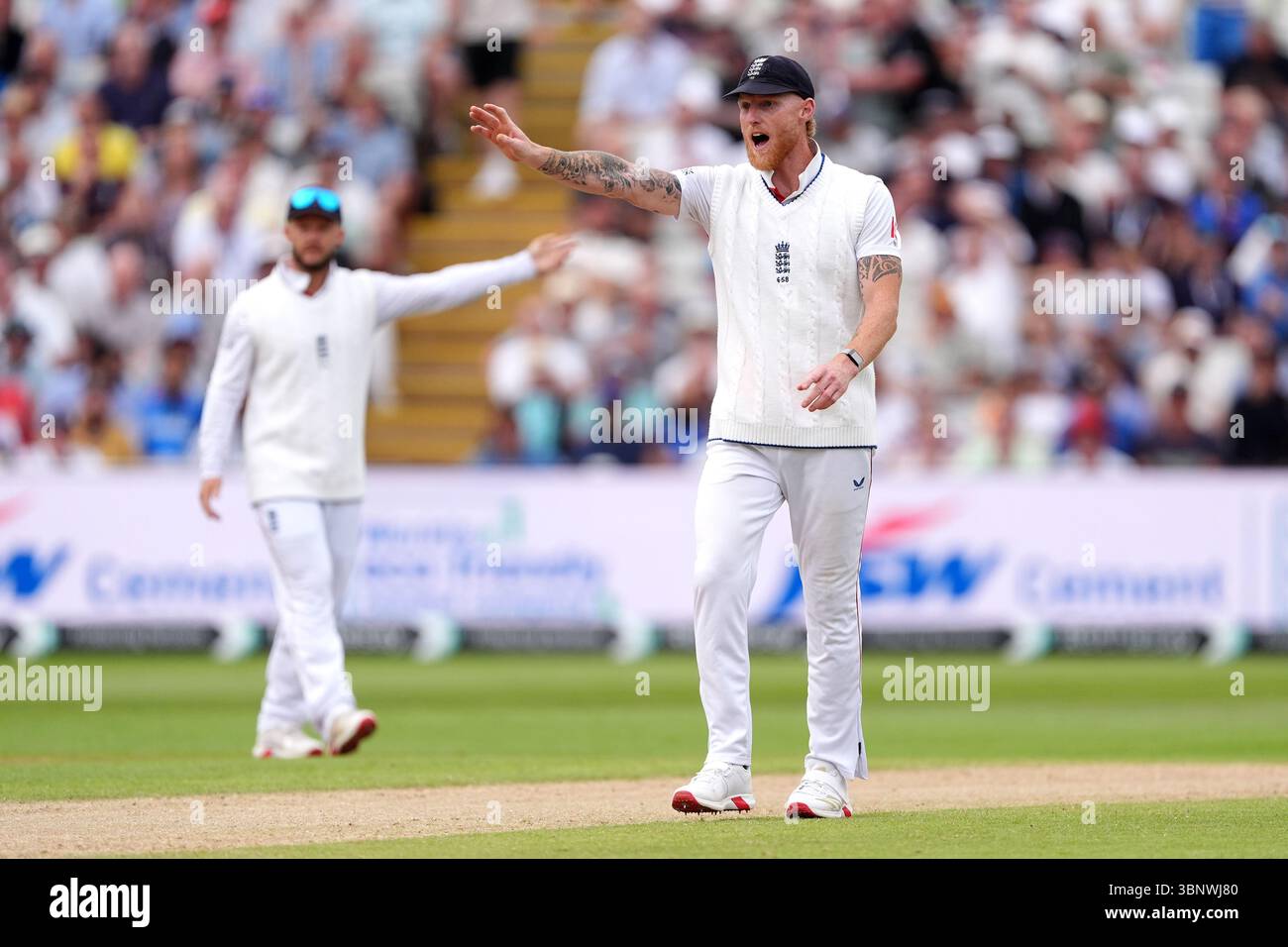 England's Ben Stokes reacts after a review is called by India on day ...