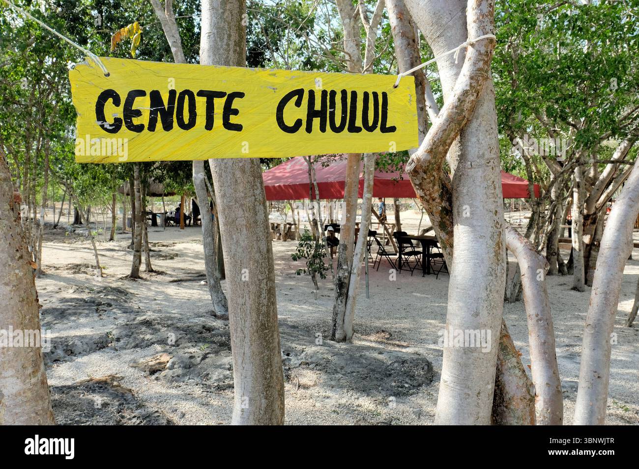 Sign at Centote Chulul in Homun, Yucatan, Mexico; one of many sinkholes ...