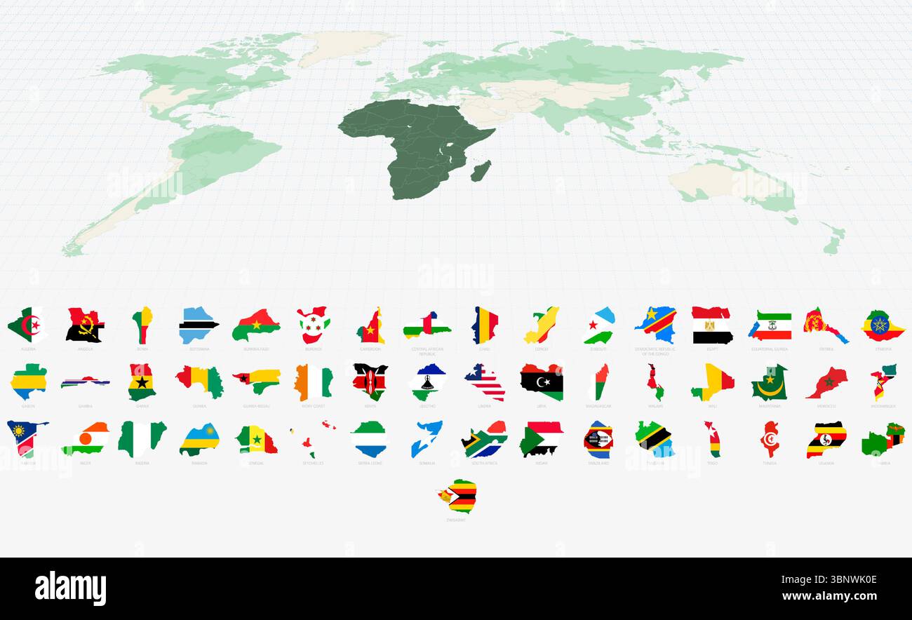 African Country Shapes with Flags on a Highlighted World Map. Vector ...