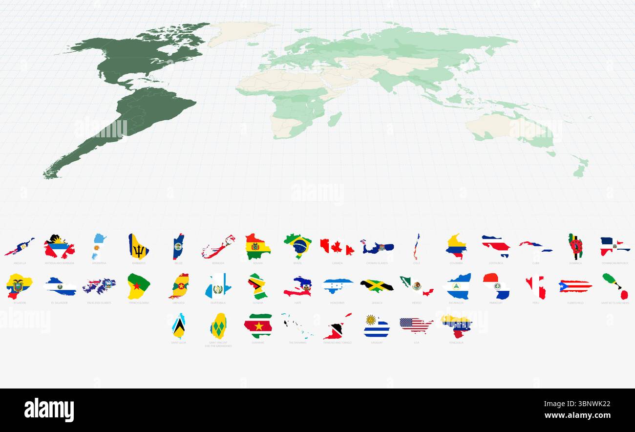 American Country Shapes with Flags on a Highlighted World Map. Vector ...