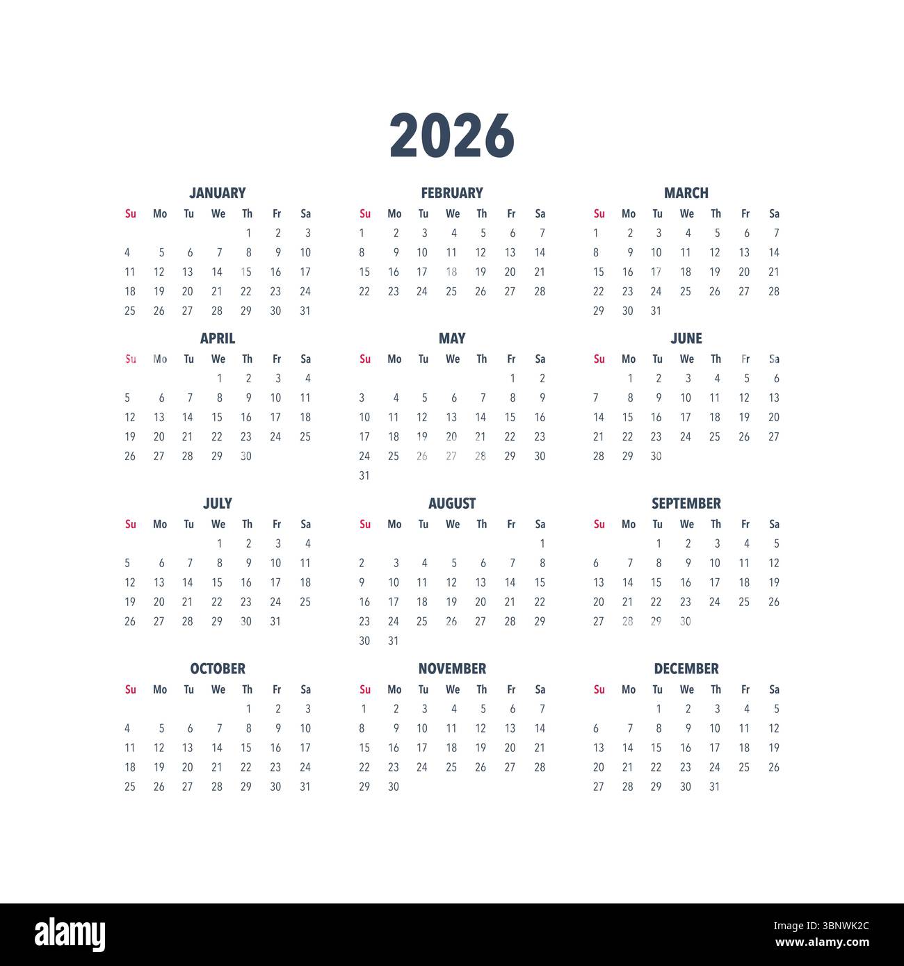 Calendar Planner 2026 in English language. Week start Sundey, corporate design planner template ...