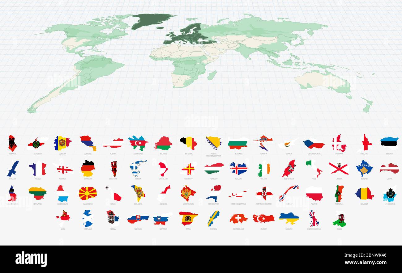 European Country Shapes with Flags on a Highlighted World Map. Vector ...