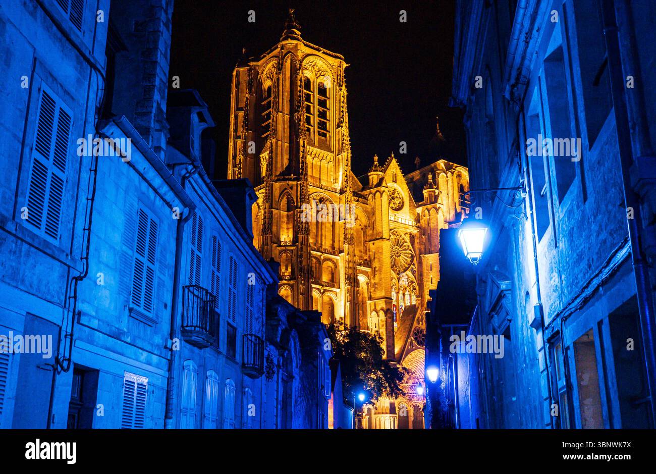 The old town center of Bourges and the cathedral during lights nights ...