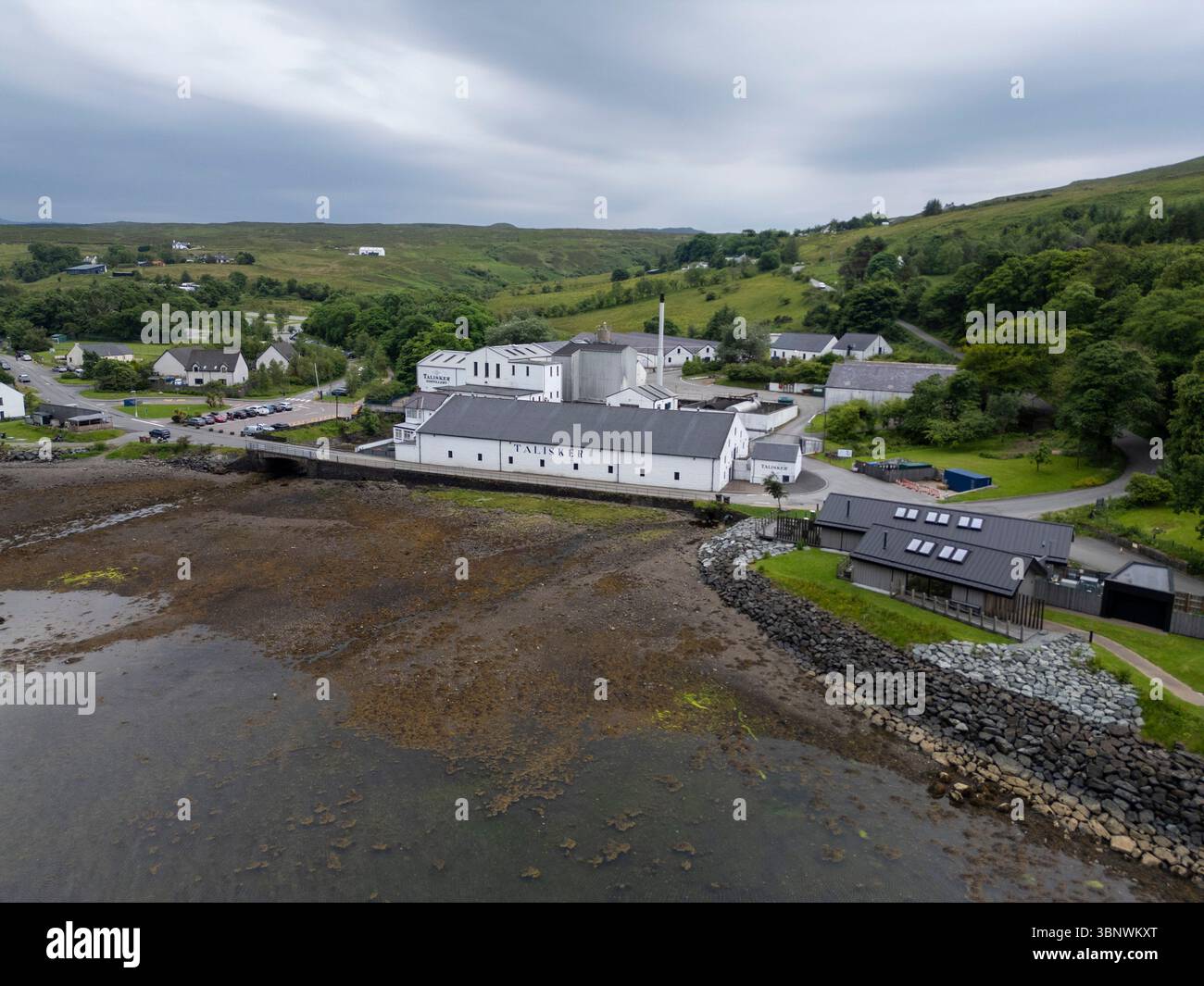 Aerial view of the Talisker Distillery, Carbost, Isle of Skye, Scotland ...