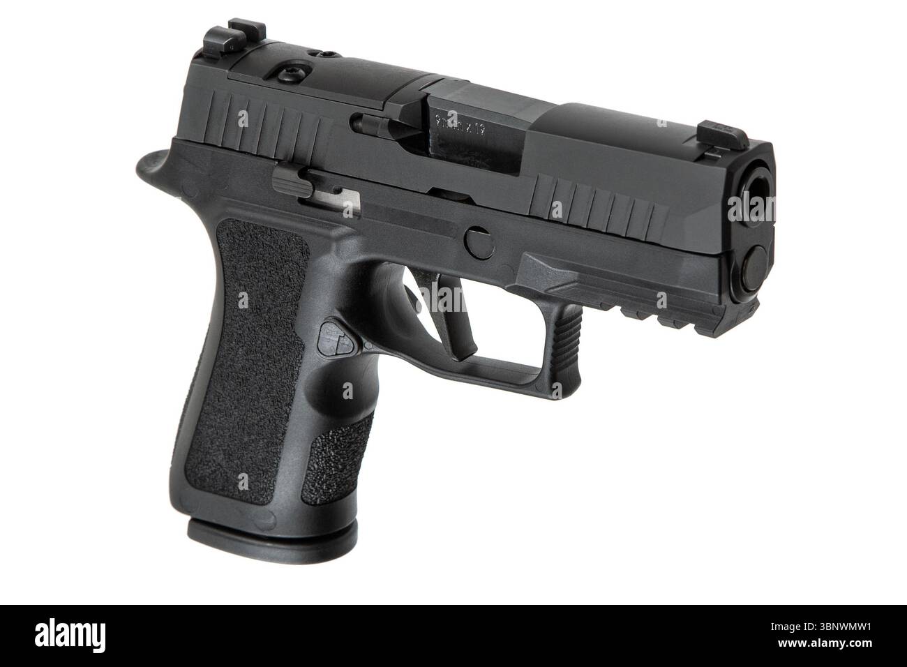 Black semi-automatic pistol side view isolated on white background, showing detailed firearm ...