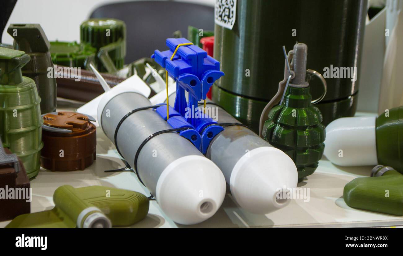 Bomb on suspension. Bomb model for drone. Model of bomb printed on 3D ...