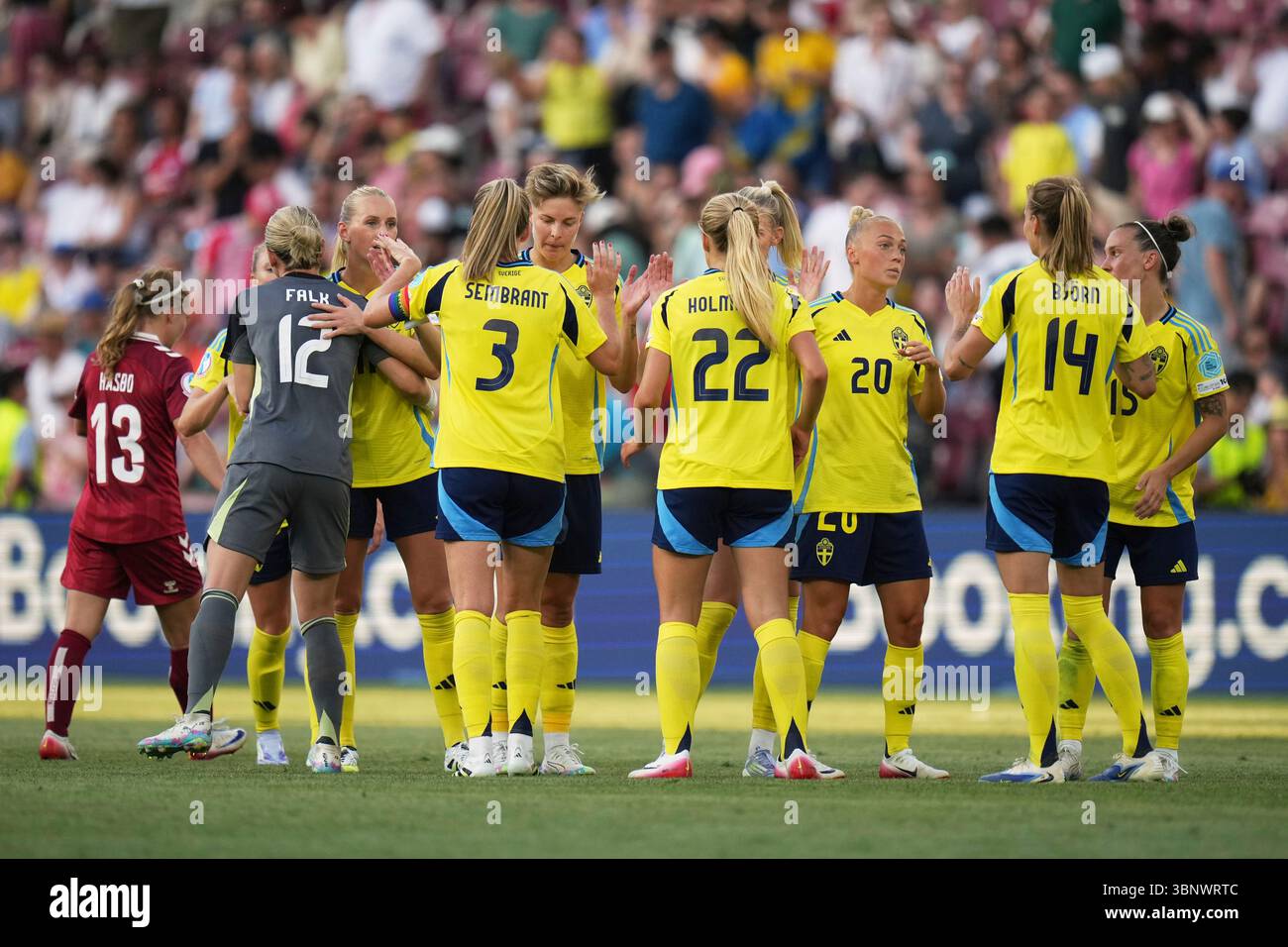 Sweden players celebrate after the the Euro 2025, group C, soccer match ...