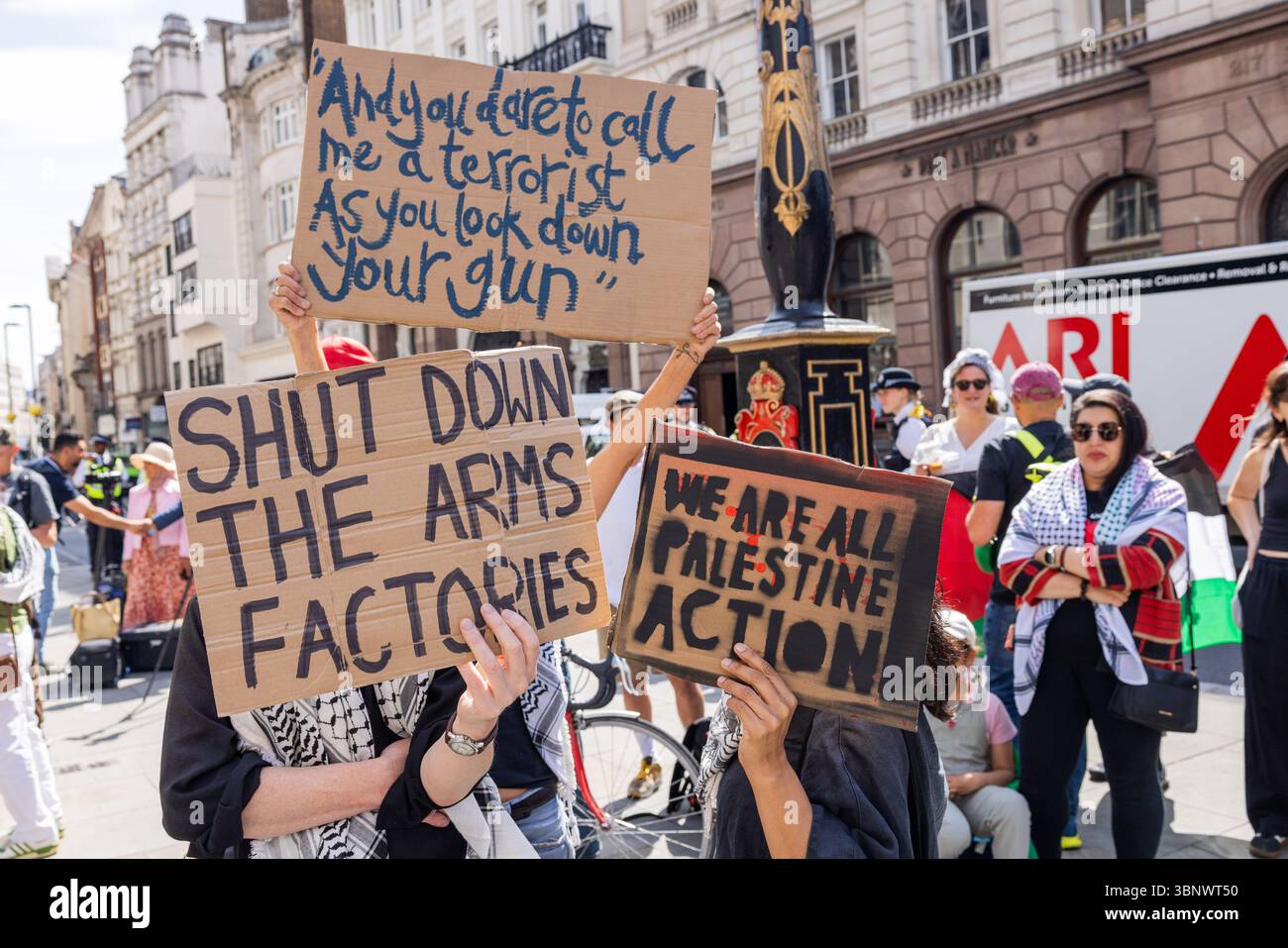 London, UK. 04 JUL, 2025. "Shut down the arms factories" and "We are ...