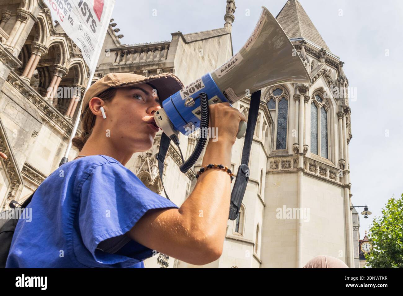 London, UK. 04 JUL, 2025. Person chants on the megaphone at protest ...