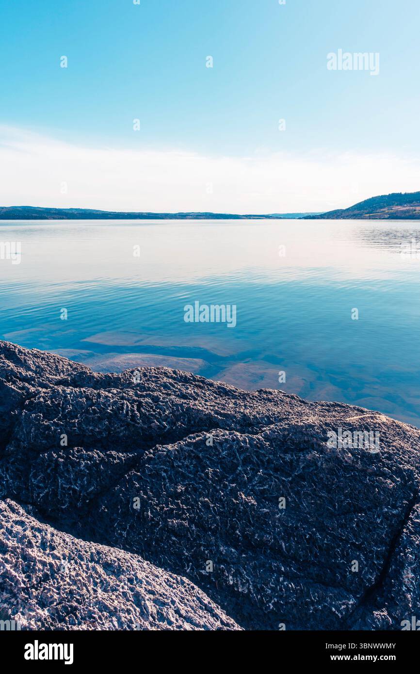 View of Lake Mjøsa southward from the Steinsholmen Island in April ...