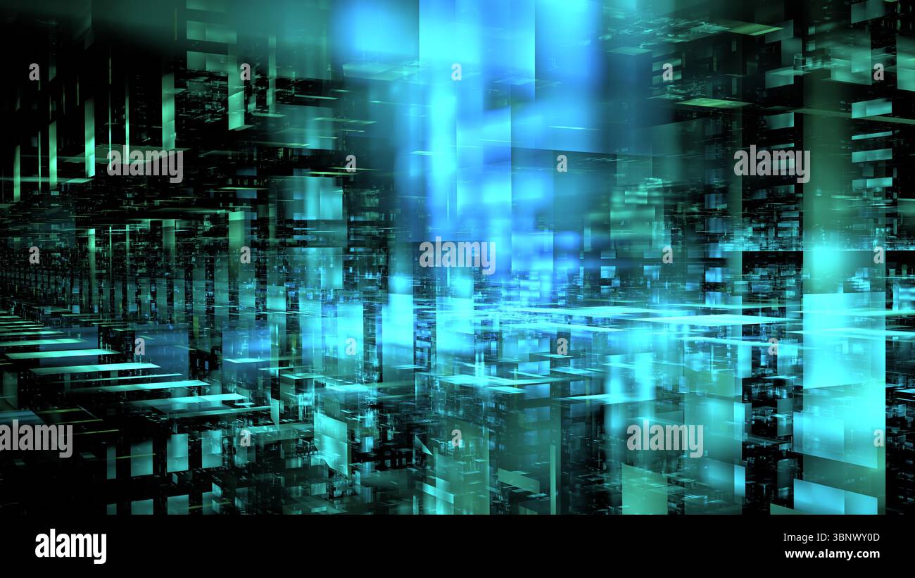 Bright blue and green light fills a complex digital landscape with ...