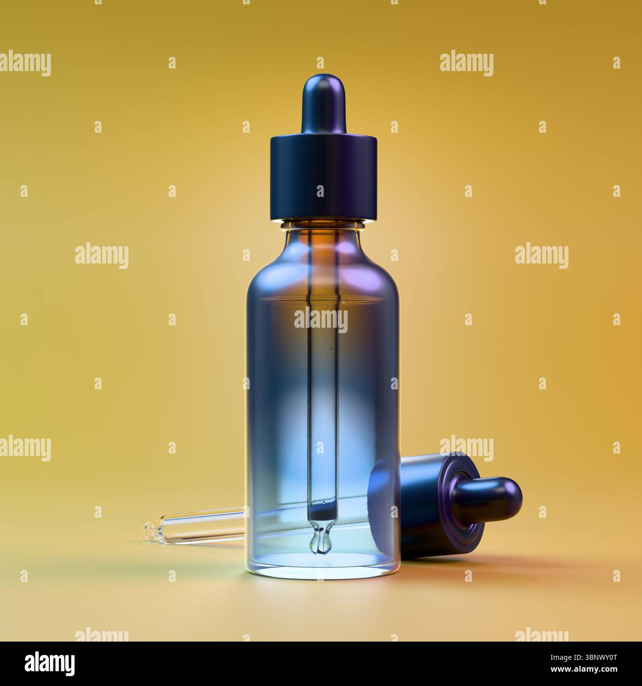 dropper bottle sits upright next to a pipette against a bright yellow ...