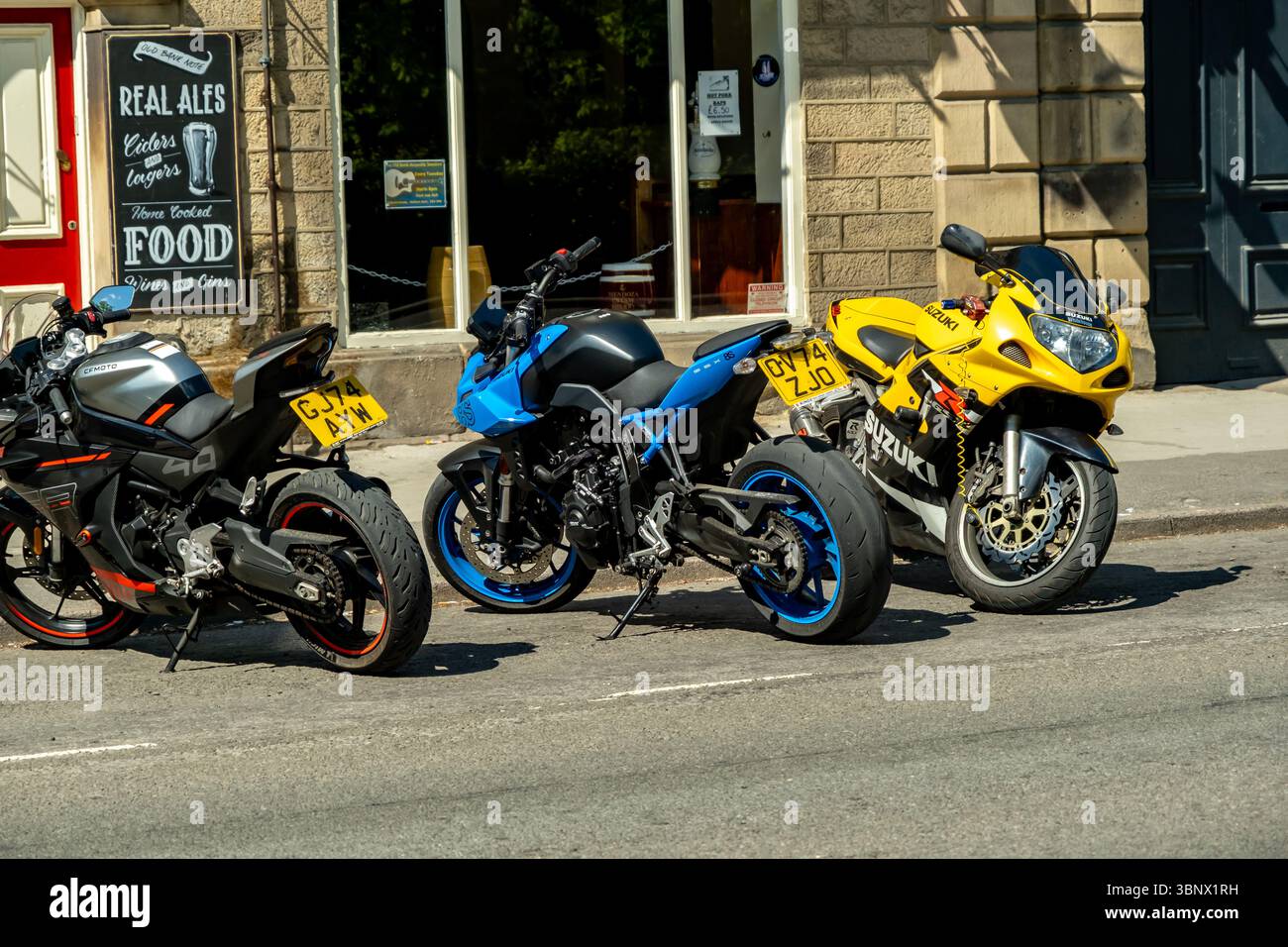 Matlock Bath, Derbyshire, UK – June 18 2025. Three sports bikes parked ...