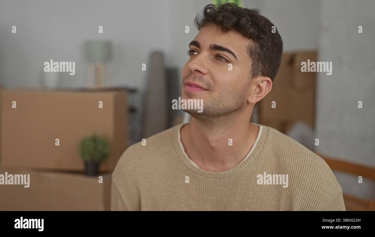 Man touches face while smiling in home where young hispanic remembers ...