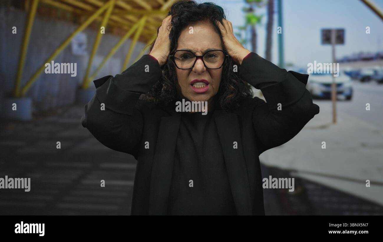 Woman stressed outdoors on busy street holding head in frustration with ...