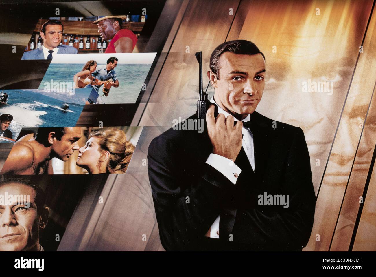 Sean Connery James Bond DVD flyer with classic movie scenes and iconic 007 Pose. Editorial use ...