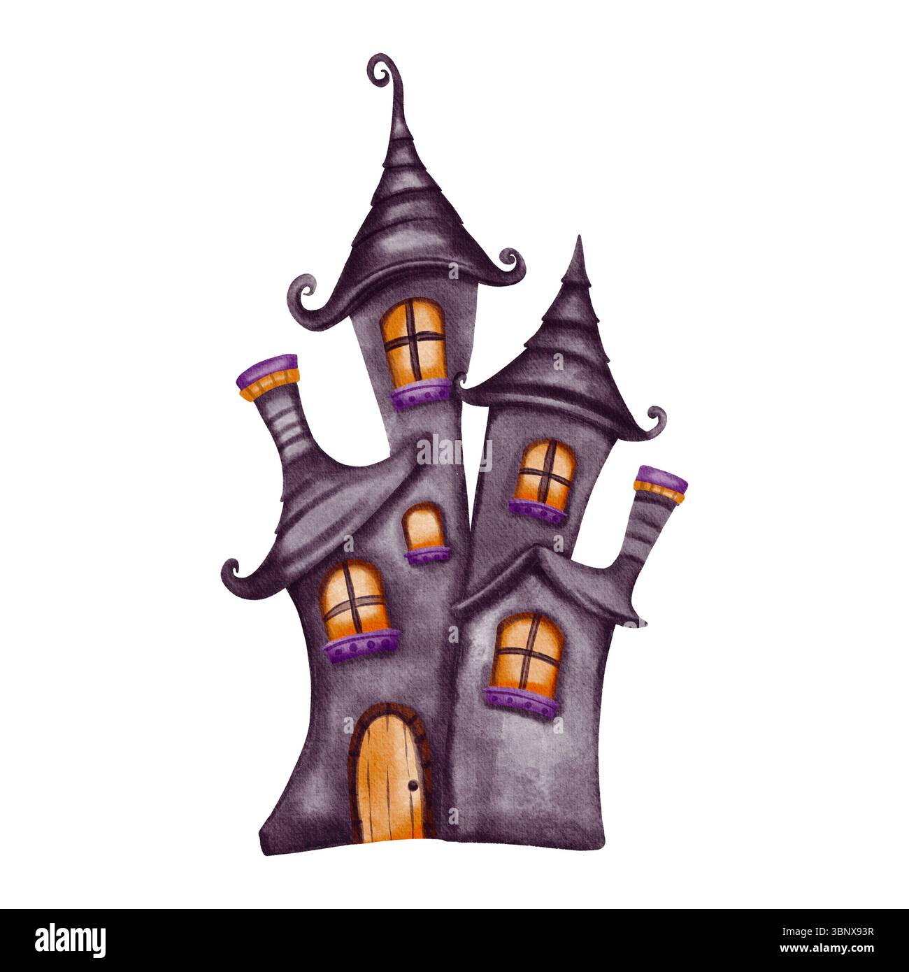 Watercolor illustration of a spooky haunted house with crooked towers ...