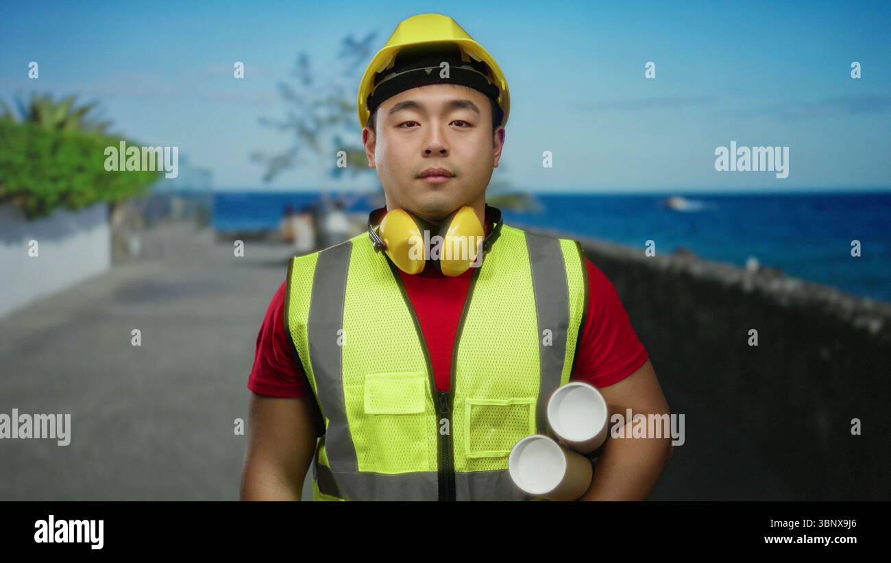 Young man holding blueprints wearing safety gear at seaside promenade ...