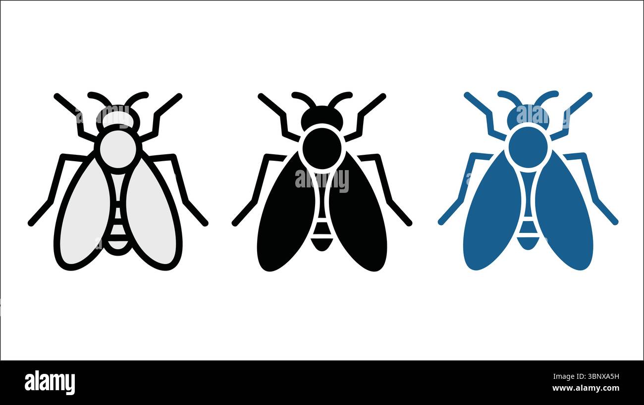 Vector illustration of fly insect icons in outline, solid black, and ...