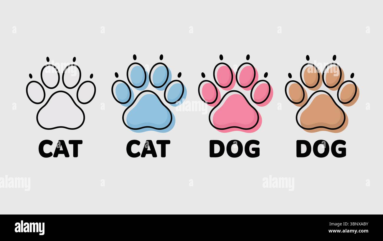 Cat and dog paw print icons in outline, blue, pink, and brown colors ...