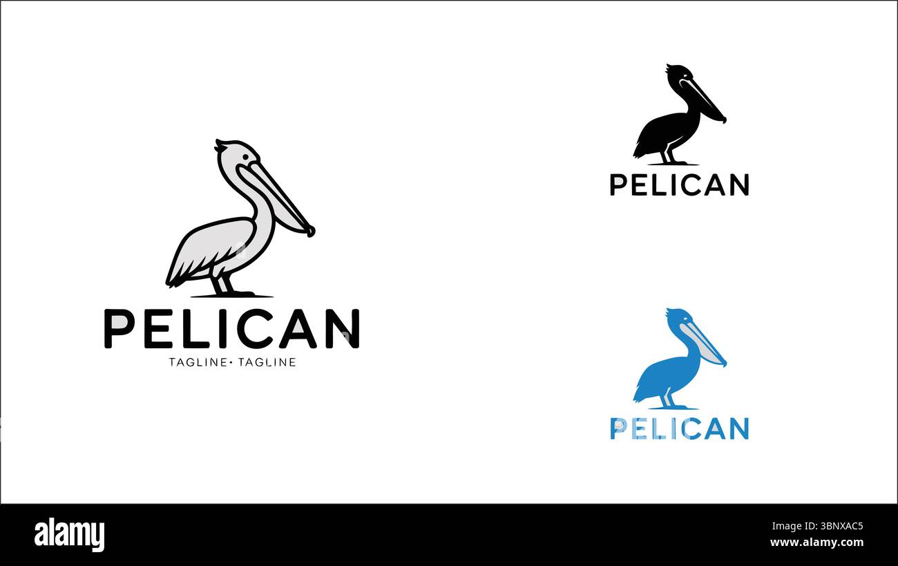 Pelican bird logo in outline, black, and blue styles with text for ...