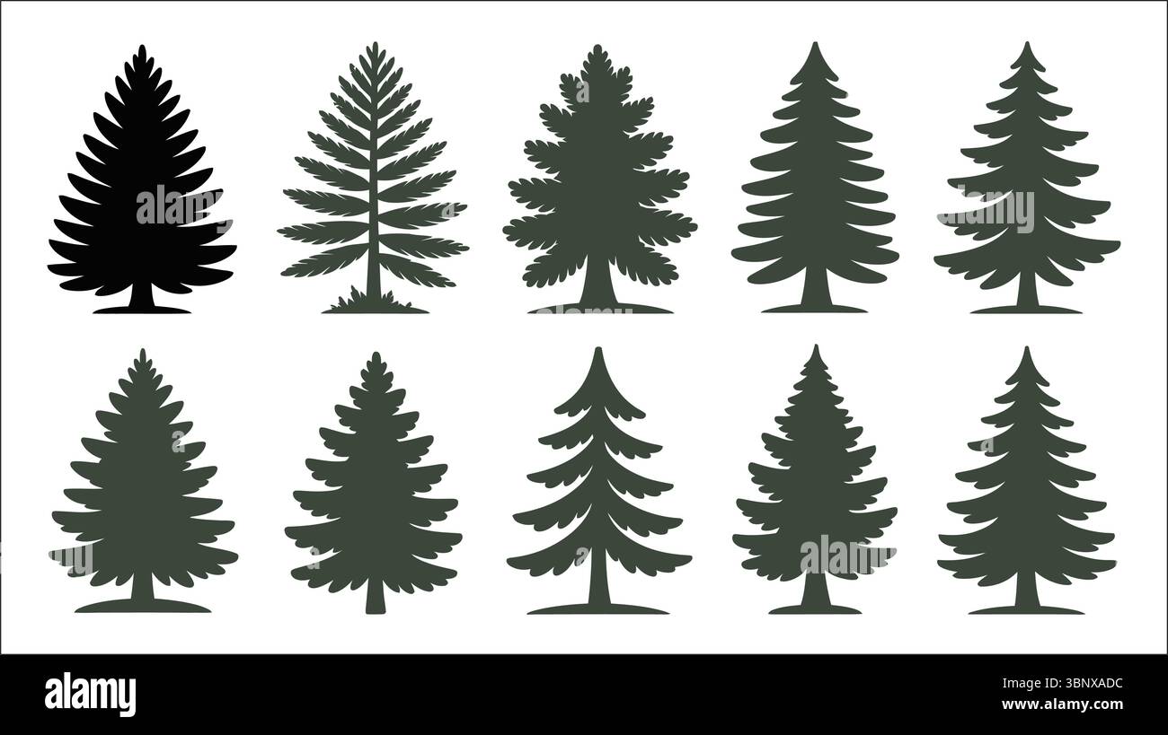 Collection of pine tree silhouettes and vector icons isolated on white ...