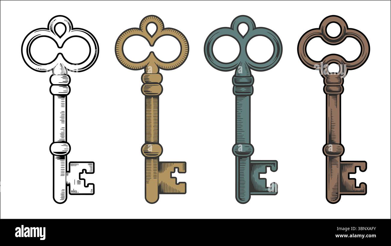Vintage skeleton key hand drawn illustration set in different colors Stock Vector Image & Art ...
