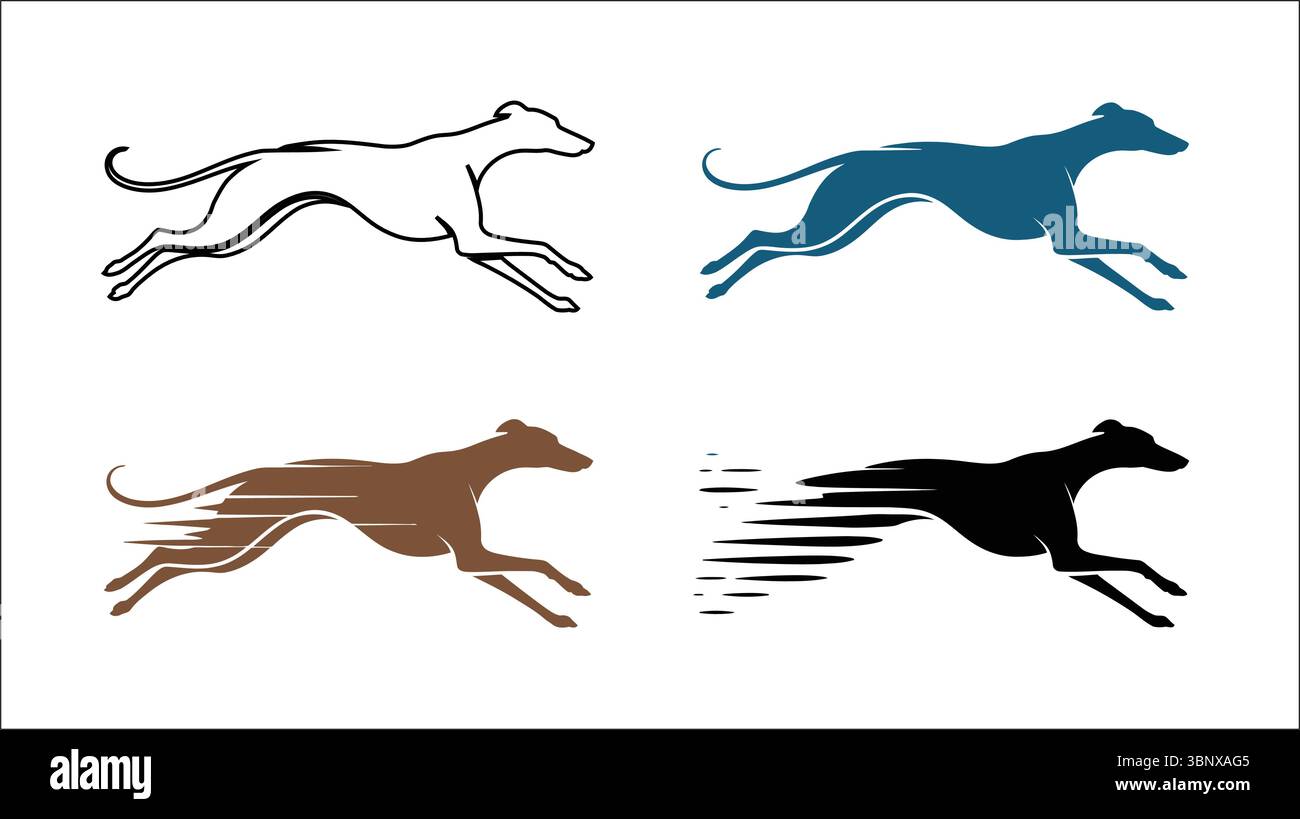 Running dog silhouettes in outline, blue, brown, and black fast motion ...