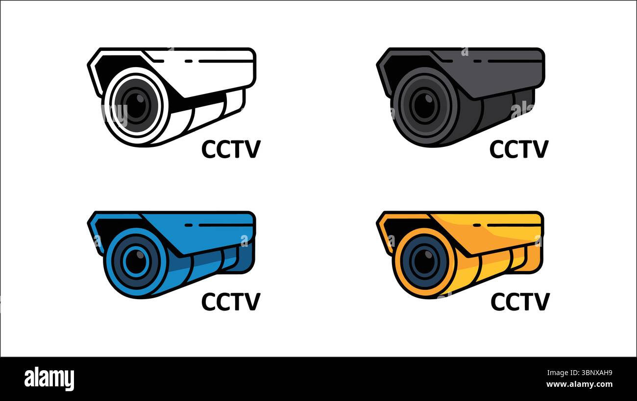 CCTV camera icon set with four styles black, gray, blue, and yellow ...