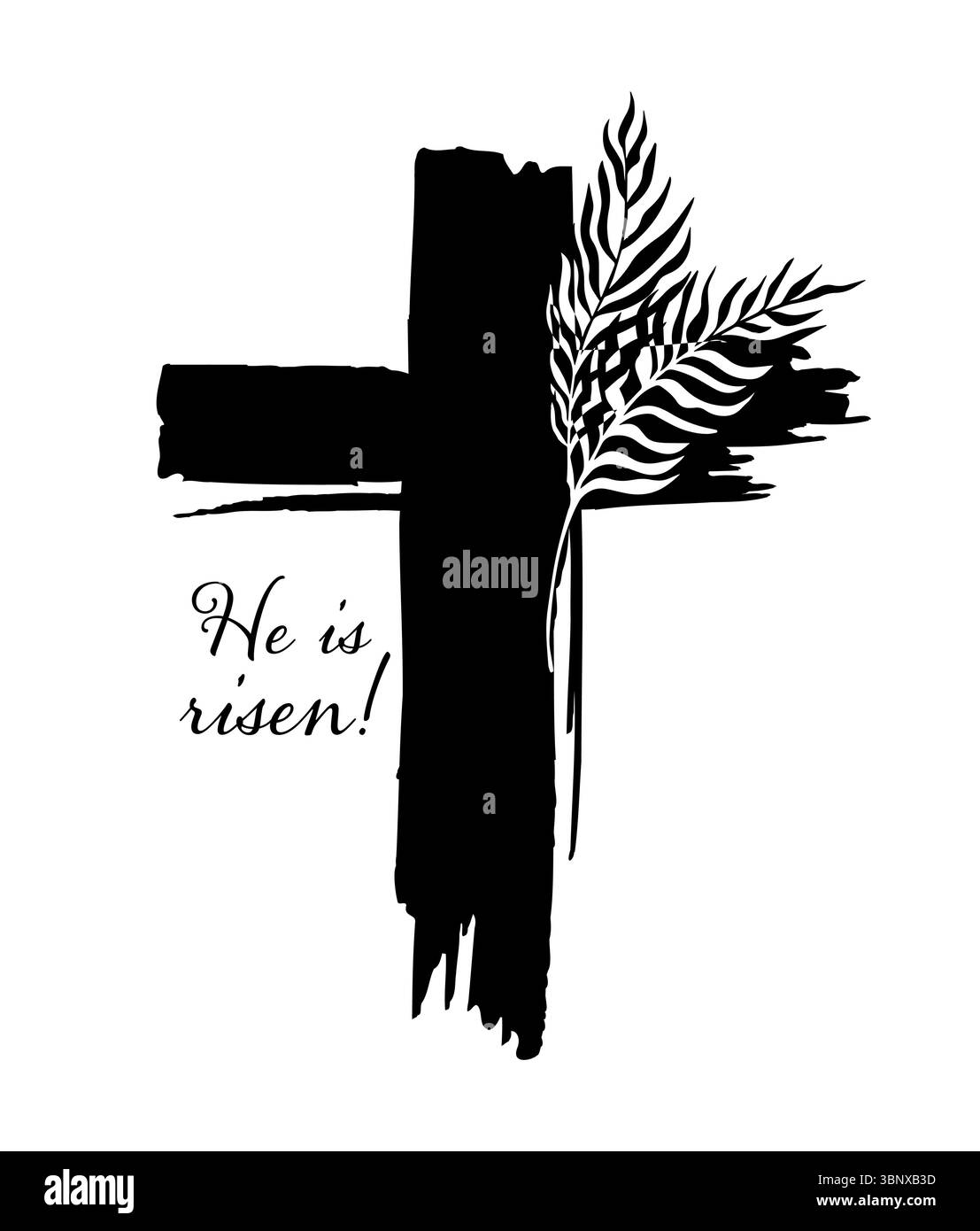 Christian cross monochrome with palm leaves. He is risen hand drawn ...