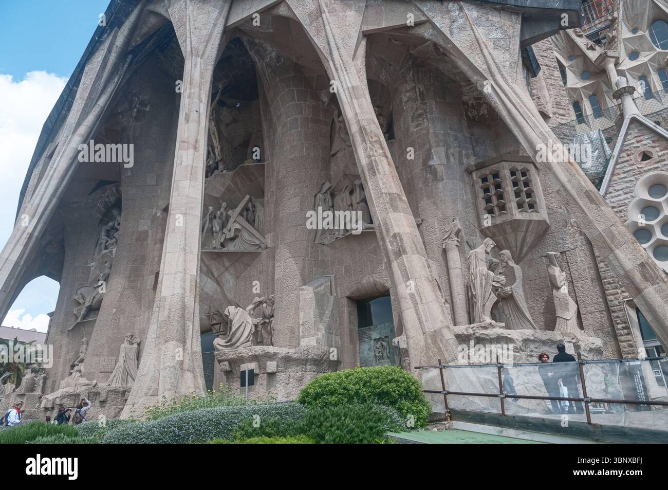 The Passion Facade on the Sagrada Familia in Barcelona, Spain. This facade shows the suffering ...